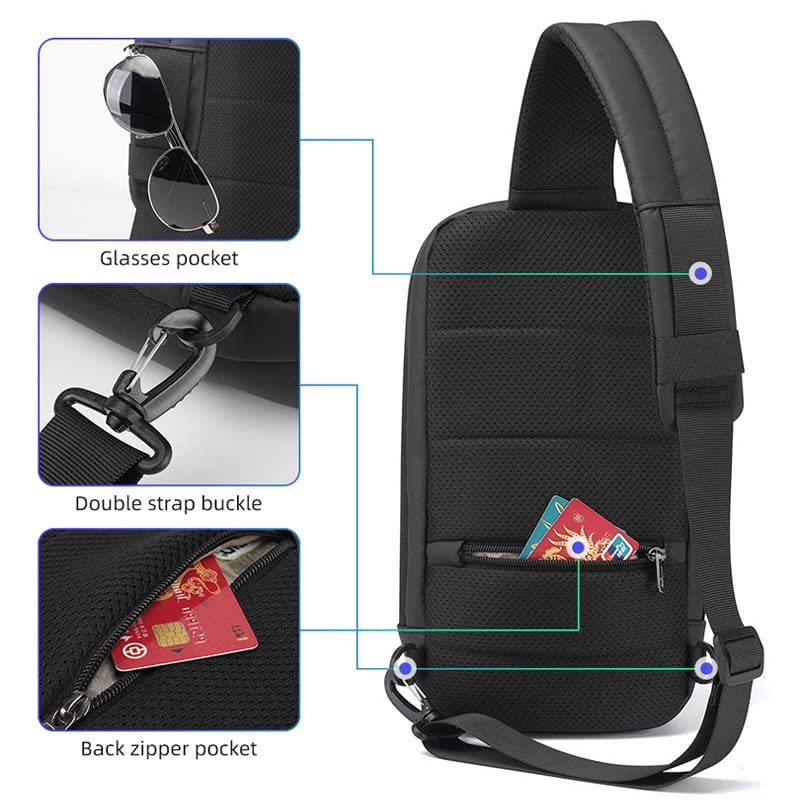 Uaskmeyt Anti Theft Sling Bag Small Sling Backpack RFID Blocking Crossbody Bags Water Resistant Shoulder Daypacks with USB Port (Black)