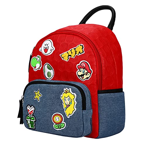 Super Mario Icon Patches red and denim tone Embossed Mini Backpack