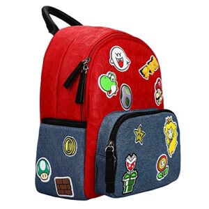 Super Mario Icon Patches red and denim tone Embossed Mini Backpack