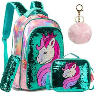 Unicorn Backpack for Girls Backpacks Glitter Sequin Bookbag with Lunch Box for Elementary Students Preschool Bag