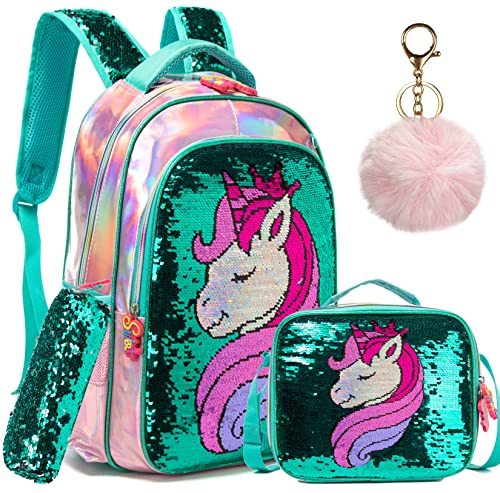 Unicorn Backpack for Girls Backpacks Glitter Sequin Bookbag with Lunch Box for Elementary Students Preschool Bag