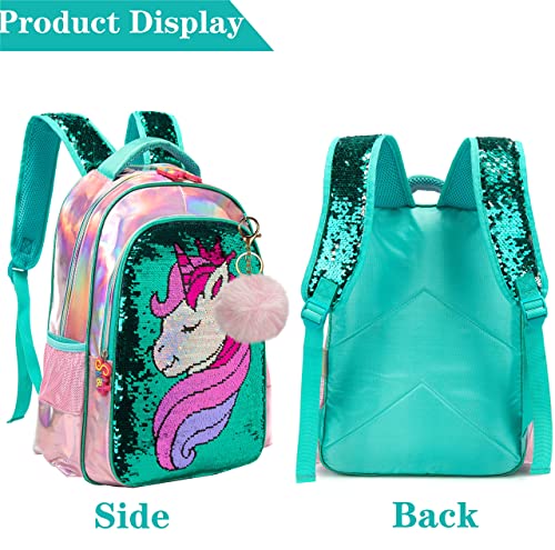 Unicorn Backpack for Girls Backpacks Glitter Sequin Bookbag with Lunch Box for Elementary Students Preschool Bag