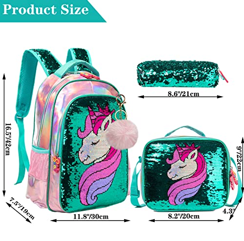 Unicorn Backpack for Girls Backpacks Glitter Sequin Bookbag with Lunch Box for Elementary Students Preschool Bag