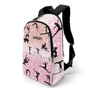 Personalized Name Gymnastics Gem Gymnast Girl Rainbow Pink Glitter Backpack Unisex Bookbag for Boy Girl Travel Daypack Bag Purse 17.7 IN