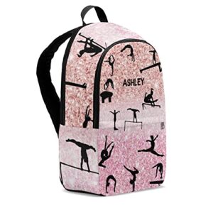 Personalized Name Gymnastics Gem Gymnast Girl Rainbow Pink Glitter Backpack Unisex Bookbag for Boy Girl Travel Daypack Bag Purse 17.7 IN