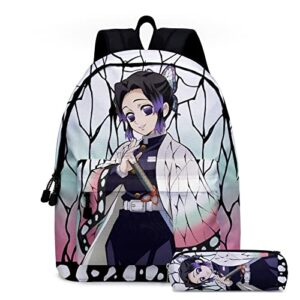 Kanhan-dress Kochou Shinobu Cosplay School Backpack with Pencil Case Anime Backpacks+Keychains Set for Women Men Teens Kids (Kochou Shinobu, 16 INCH)