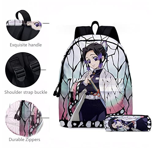 Kanhan-dress Kochou Shinobu Cosplay School Backpack with Pencil Case Anime Backpacks+Keychains Set for Women Men Teens Kids (Kochou Shinobu, 16 INCH)