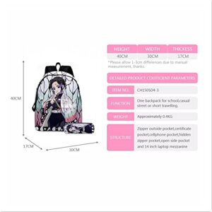 Kanhan-dress Kochou Shinobu Cosplay School Backpack with Pencil Case Anime Backpacks+Keychains Set for Women Men Teens Kids (Kochou Shinobu, 16 INCH)