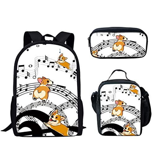 Poceacles Cartoon Cute Corgi Print School Backpacks for Girls Set of 3, Music Note Backpack Bookbags with Lunch Bag and Pencil Case, Kids Casual Daypack