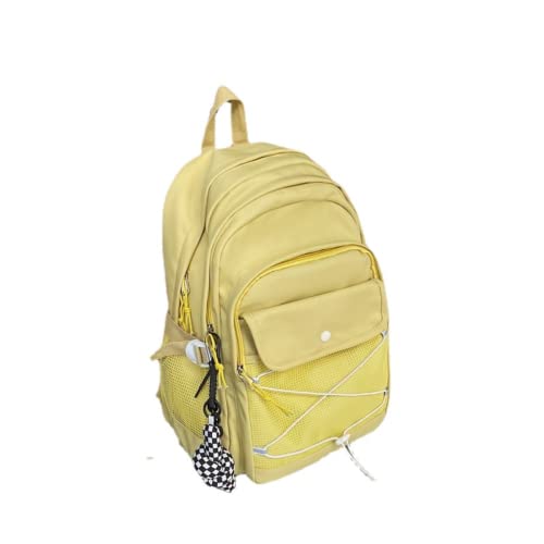 Indie Backpack School Japanese Asthetic Backpack INS Travel Bag Monochrome Backpack with Cute Pendant (yellow)