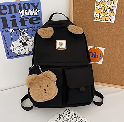 LaurelTree Kawaii Aesthetic Cute Backpack with Accessories Laptop Backpack Daypack Rucksack Travel Commuter Bag School College Office Adults Students Teens Girls Boys Women (Black)