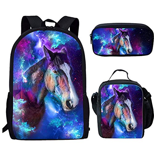 FOR U DESIGNS Universe Horse Backpack Set 3 Piece,High School Backpack for Women Teen Girls