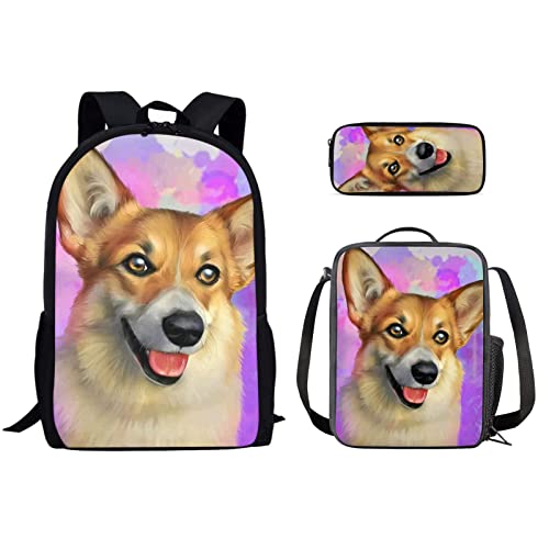 HUGS IDEA Corgi Dog Pattern Kids Backpack Set 3 in 1 Bookbag with Lunch Portable Food Container Pencil Case Organizer School Travel Supplies