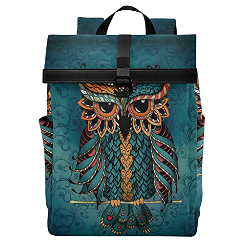 ALAZA Green Owl Print Patrick Boho Ethnic Large Laptop Backpack Purse for Women Men Waterproof Anti Theft Roll Top Backpack, 13 - 17.3 inch