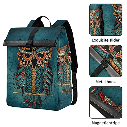 ALAZA Green Owl Print Patrick Boho Ethnic Large Laptop Backpack Purse for Women Men Waterproof Anti Theft Roll Top Backpack, 13 - 17.3 inch