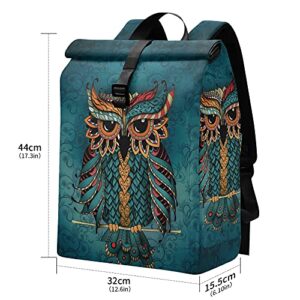 ALAZA Green Owl Print Patrick Boho Ethnic Large Laptop Backpack Purse for Women Men Waterproof Anti Theft Roll Top Backpack, 13 - 17.3 inch