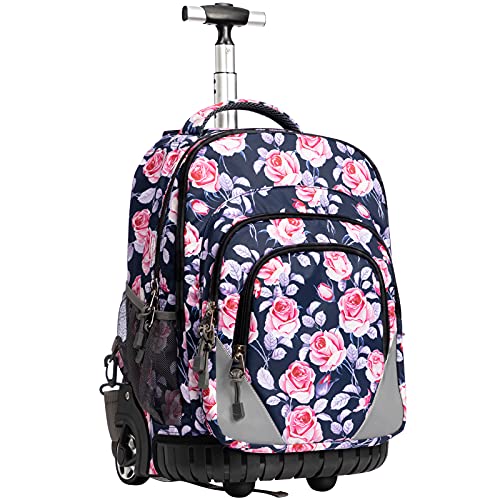 SKYMOVE 18 inches Wheeled Rolling Backpack Multi-Compartment College Books Laptop Bag Business Trip Carry-on, Pink Flower