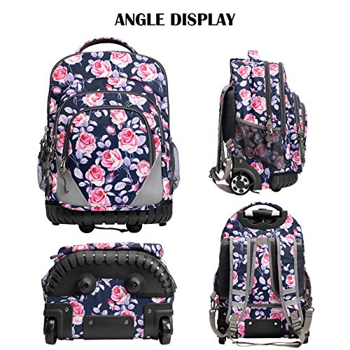 SKYMOVE 18 inches Wheeled Rolling Backpack Multi-Compartment College Books Laptop Bag Business Trip Carry-on, Pink Flower