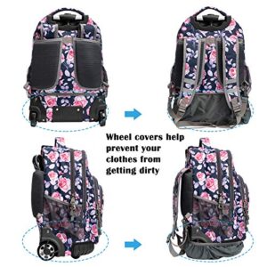 SKYMOVE 18 inches Wheeled Rolling Backpack Multi-Compartment College Books Laptop Bag Business Trip Carry-on, Pink Flower