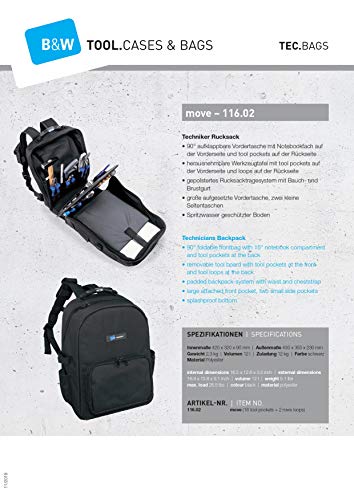 B&W International TUC-11602 Technician Backpack with Pocket Pallets & Laptop Compartment