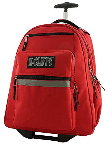 K-Cliffs Heavy Duty Rolling Backpack School Backpacks with Wheels Deluxe Trolley Book Bag Wheeled Daypack Workbag Multiple Pockets Bookbag with Safety Reflective Stripe Red