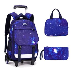 starry sky boys 3 piece rolling backpack teen galaxy 3 in 1 bookbag elementary school with wheeled daypack trolley six wheels