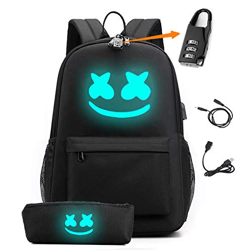 Smile Luminous Backpack with USB Charging Port & Anti-theft Lock & Pencil Case for School, Unisex School Bookbag Daypack Laptop Backpack (Black)