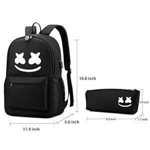 Smile Luminous Backpack with USB Charging Port & Anti-theft Lock & Pencil Case for School, Unisex School Bookbag Daypack Laptop Backpack (Black)