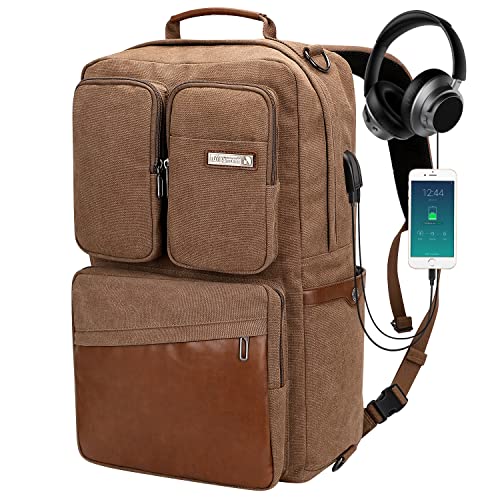 WITZMAN Canvas Backpack with USB Charging Port Large Travel Backpack Luggage Duffel Bag for Airplane Carry On Fit 17 inch Laptop for Men Women (6617 Brown)