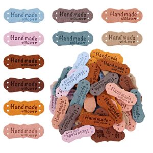 savita 50pcs handmade leather labels, microfiber colorful leather labels with love hearts handmade embossed crochet tags with holes for crafts knitting sewing hats purses clothing (10 colors)