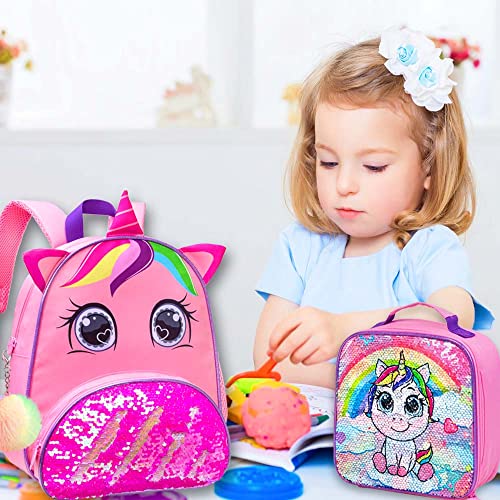 KLFVB 3PCS Toddler Backpack for Girls, 12” Cute Unicorn Preschool Bookbag and Lunch Box, Cute Kids Little Sequin Schoolbag