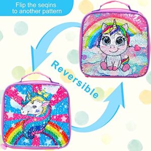 KLFVB 3PCS Toddler Backpack for Girls, 12” Cute Unicorn Preschool Bookbag and Lunch Box, Cute Kids Little Sequin Schoolbag