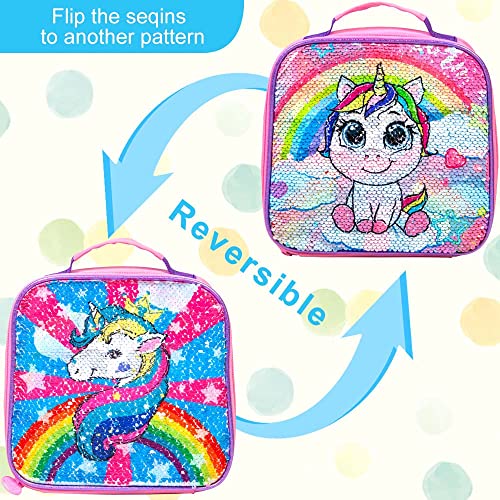 KLFVB 3PCS Toddler Backpack for Girls, 12” Cute Unicorn Preschool Bookbag and Lunch Box, Cute Kids Little Sequin Schoolbag