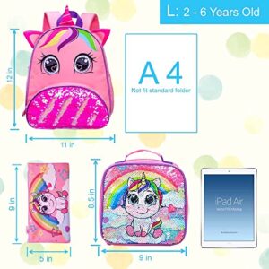 KLFVB 3PCS Toddler Backpack for Girls, 12” Cute Unicorn Preschool Bookbag and Lunch Box, Cute Kids Little Sequin Schoolbag