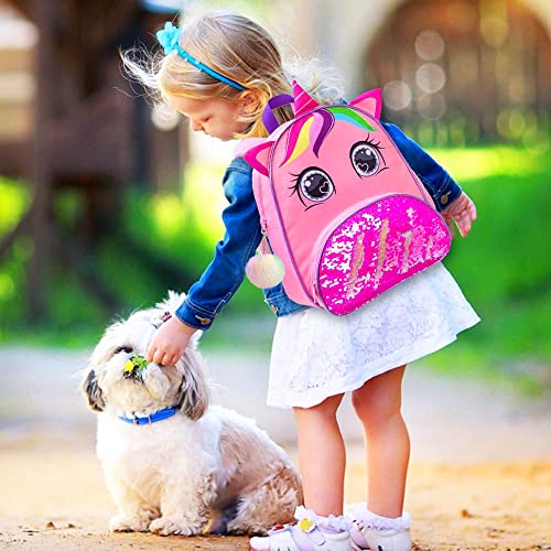 KLFVB 3PCS Toddler Backpack for Girls, 12” Cute Unicorn Preschool Bookbag and Lunch Box, Cute Kids Little Sequin Schoolbag