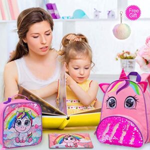 KLFVB 3PCS Toddler Backpack for Girls, 12” Cute Unicorn Preschool Bookbag and Lunch Box, Cute Kids Little Sequin Schoolbag