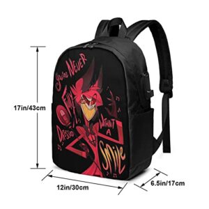 WeiYueKua Alastor Hazbin Hotel 17 in Backpack Laptop USB Charger Bookbag Unisex Student Adult Classic Fashion Traveling, Black, One Size