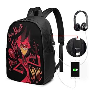 WeiYueKua Alastor Hazbin Hotel 17 in Backpack Laptop USB Charger Bookbag Unisex Student Adult Classic Fashion Traveling, Black, One Size