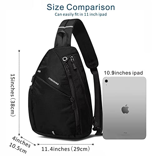 Black Sports Men 1 Sling Backpack Breathable Lightweight Chest Bag Leather Shoulder Bags Packs Day Pack Daypack Cross Body Crossbody for Women Men Teens Waterproof Hiking Travel Bag