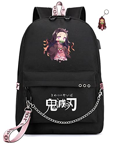 FSRONGXI 17Inch Anime Backpack for School Nezuko Bookbag Anime Rucksack with USB Charging Port, Free Keychain 17.7inch (Nezuko)