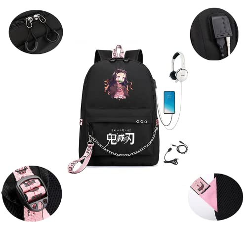 FSRONGXI 17Inch Anime Backpack for School Nezuko Bookbag Anime Rucksack with USB Charging Port, Free Keychain 17.7inch (Nezuko)