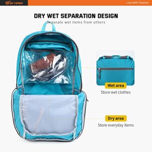 SKYSPER Lightweight Packable Backpack 30L Hiking Daypack with Wet Pocket Foldable Travel Carry-on Backpack Cyan