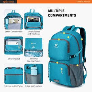 SKYSPER Lightweight Packable Backpack 30L Hiking Daypack with Wet Pocket Foldable Travel Carry-on Backpack Cyan