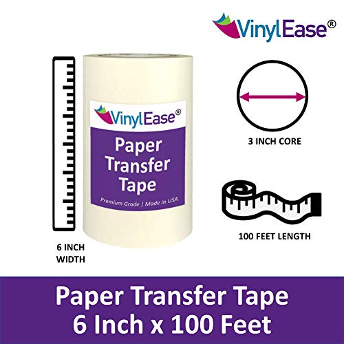 Vinyl Ease 6 inch x 100 feet roll of Paper Transfer Tape with a Medium to High Tack Layflat Adhesive. Works with a Variety of Vinyl. Great for Decals, Signs, Wall Words and More. American Made V0820