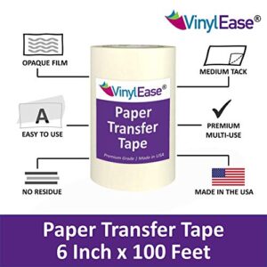 Vinyl Ease 6 inch x 100 feet roll of Paper Transfer Tape with a Medium to High Tack Layflat Adhesive. Works with a Variety of Vinyl. Great for Decals, Signs, Wall Words and More. American Made V0820