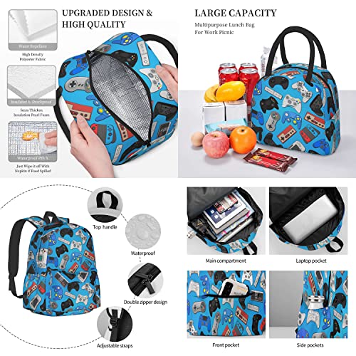 Oplp Colorful Video Game Controller Background Large Capacity Backpack Lunch Bag Pencil Case Combination 3 Piece Set