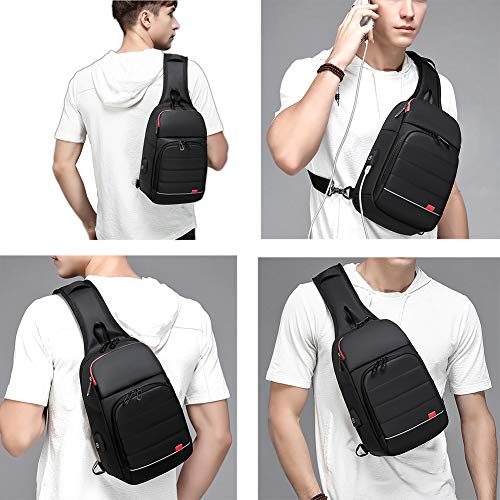 Q QICHUANG Men’s Sling Bag, Crossbody Nylon Shoulder Backpack with USB Charging Port, Vintage Chest Bag Gift for Men (black)