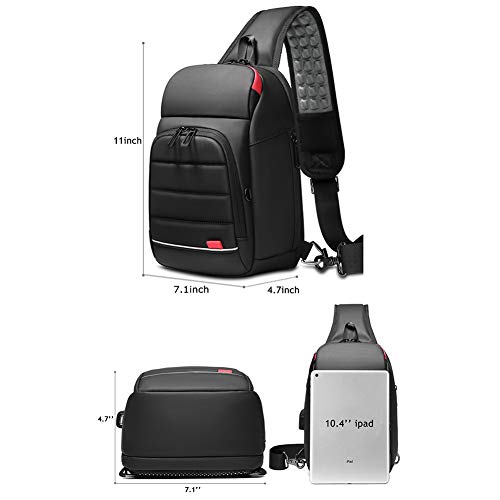 Q QICHUANG Men’s Sling Bag, Crossbody Nylon Shoulder Backpack with USB Charging Port, Vintage Chest Bag Gift for Men (black)