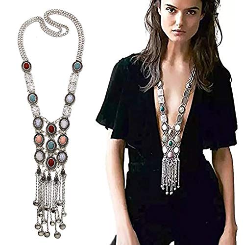 Turquoise Long Boho Bohemian Statement Ethnic Tribal Necklace for Women Vintage Retro Rhinestone (Silver)