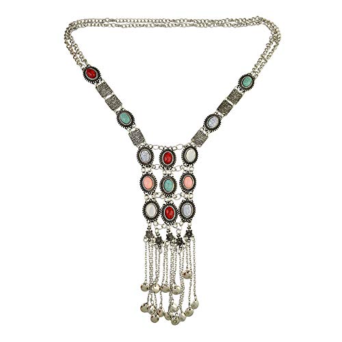 Turquoise Long Boho Bohemian Statement Ethnic Tribal Necklace for Women Vintage Retro Rhinestone (Silver)